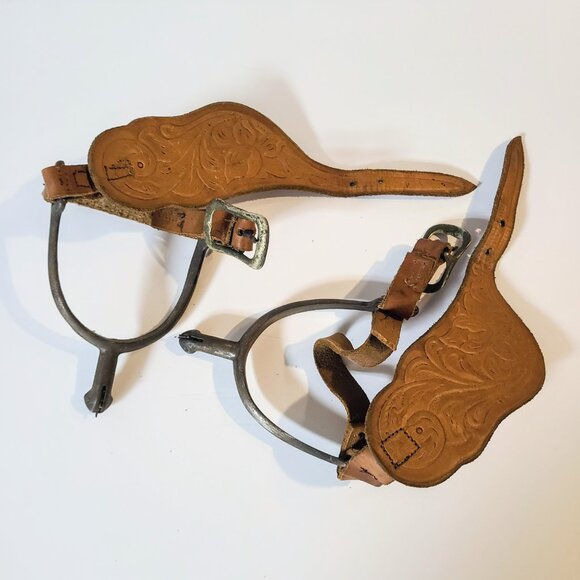 Shoes | Vintage Steel Spurs With Handtooled Leather Straps Set Of Two ...
